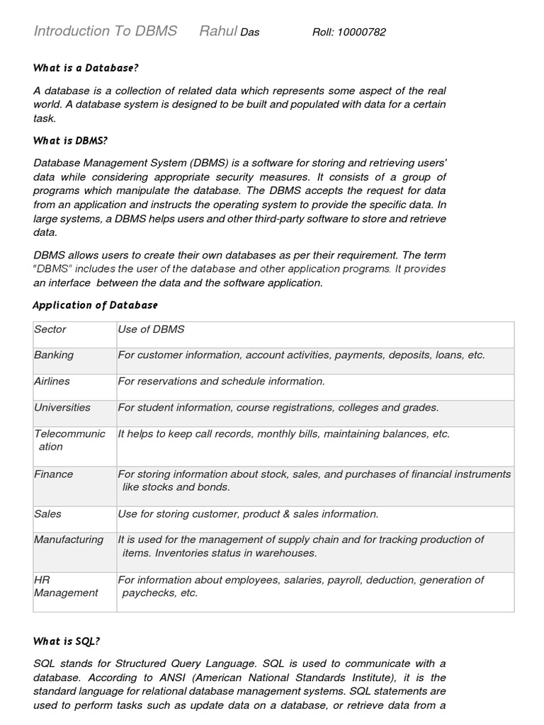 DBMS Intro by Rahul Das | PDF | Databases | Relational Database