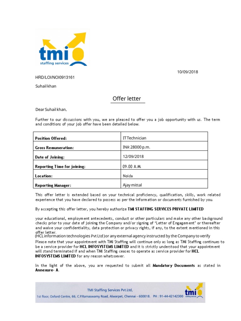 Suhail Khan Offer - Letter - For - HCL | PDF | Identity Document ...