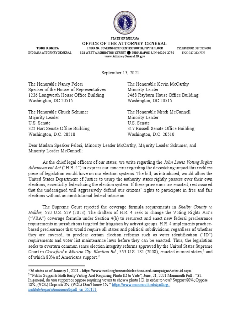 State Attorneys General Letter | PDF | Voting Rights Act Of 1965 ...