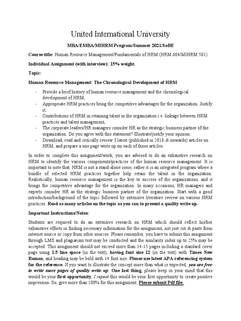 Individual Assignment For HRM 604, Summer 2021 | PDF | Human Resource ...