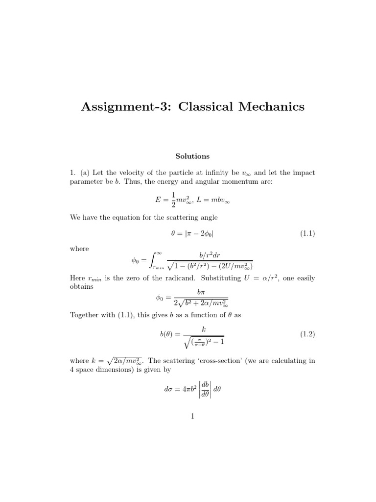 Assignment-3: Classical Mechanics: Solutions | PDF | Cross Section (Physics) | Ordinary ...