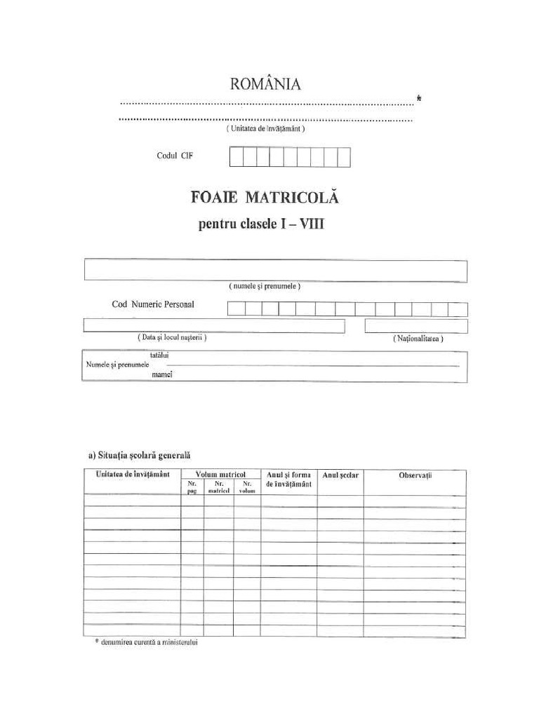 Foaie Matricola Invatamant Primar Gimnazial Clasele I VIII | PDF