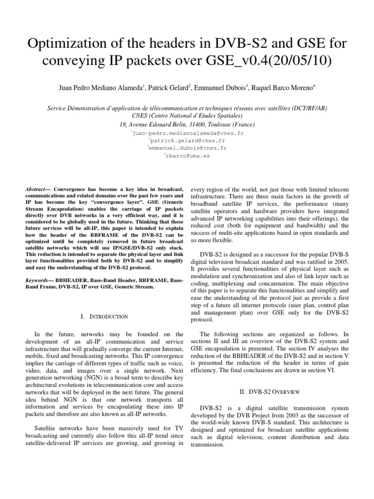 Optimization of The Headers in DVB-S2 and GSE For Conveying IP Packets ...