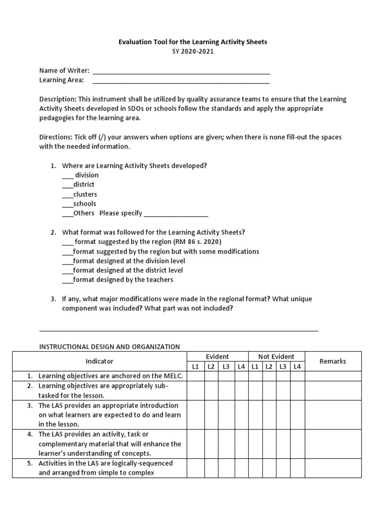 Evaluation Tool For The Learning Activity Sheets Edited 1 | PDF ...