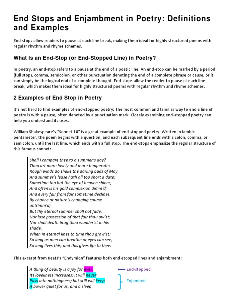 End Stops and Enjambment in Poetry | PDF | Poetry | Poetic Form