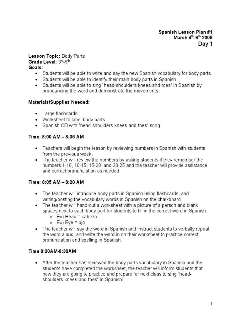 Body Parts Spanish Lesson Plan | PDF | Vocabulary | Lesson Plan