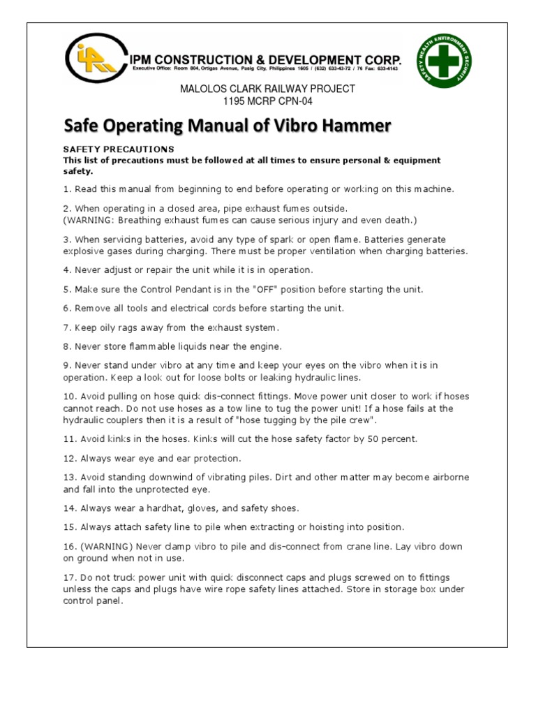 Safe Operating Manual of Vibro Hammer | PDF