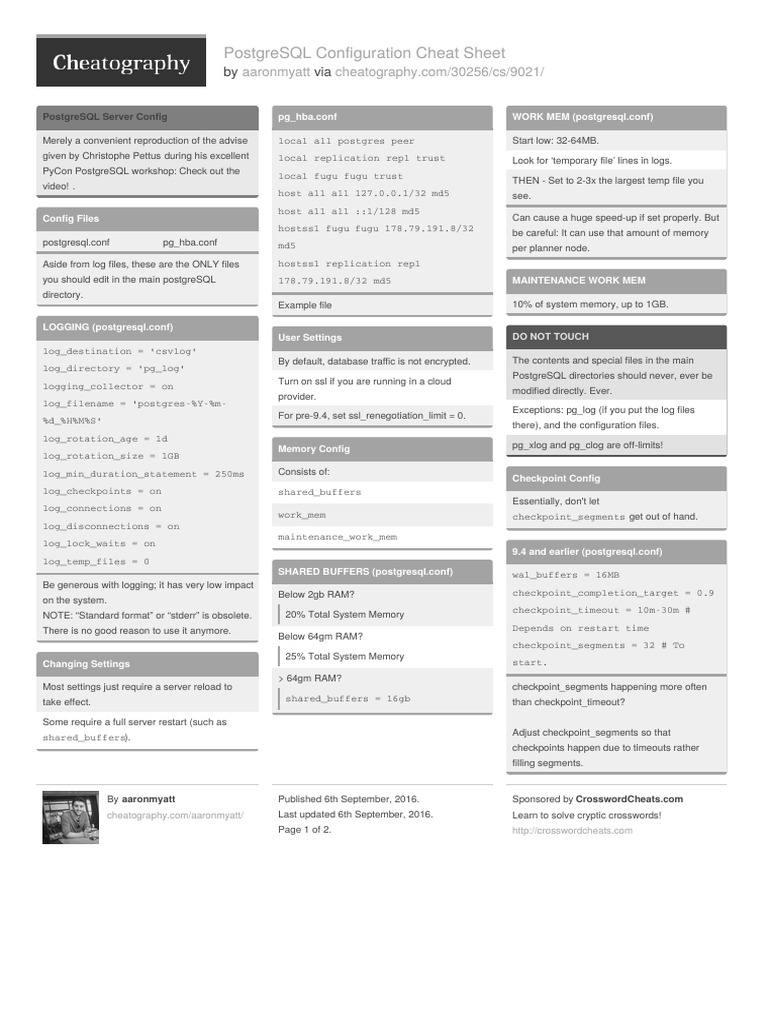 PostgreSQL Configuration Cheat Sheet | PDF | Postgre Sql | Computer Data