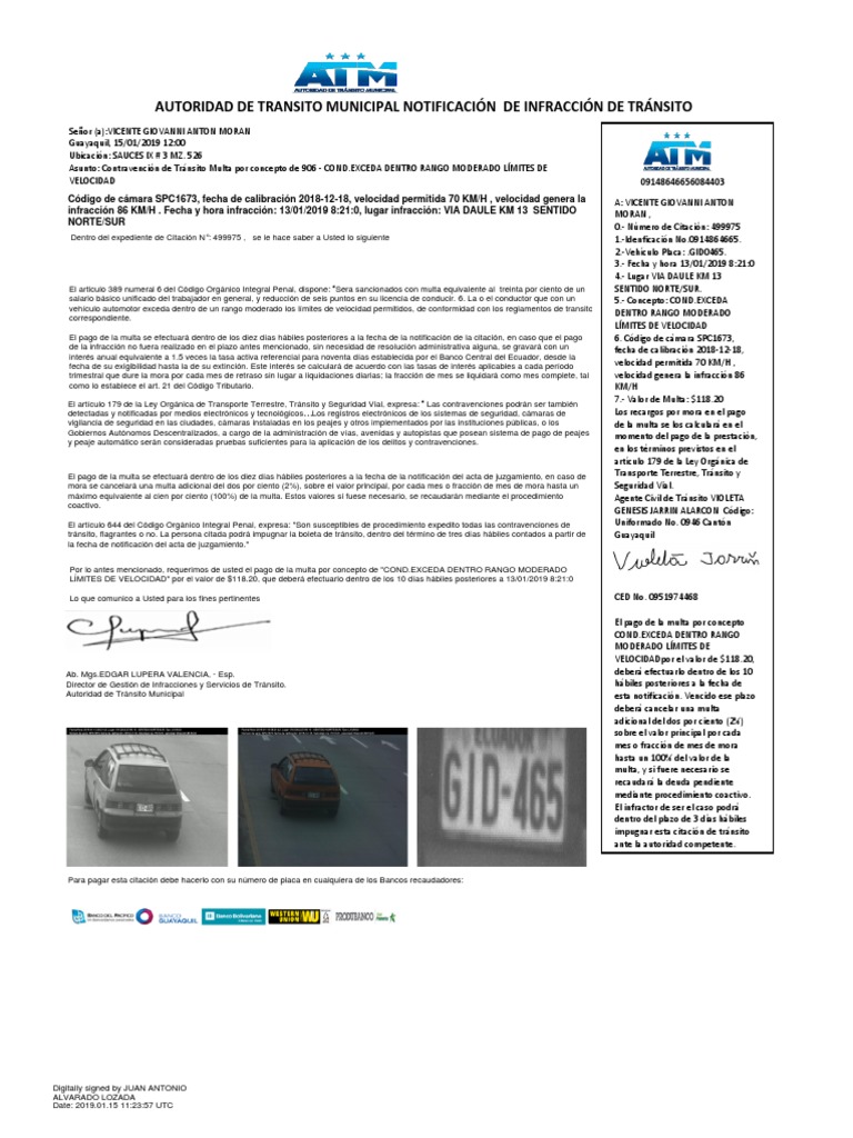 Autoridad de Transito Municipal Notificación de Infracción de Tránsito ...
