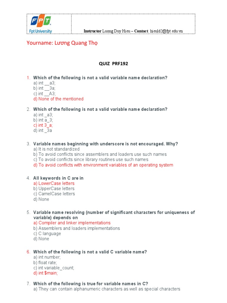 Yourname: Lương Quang Thọ: Quiz Prf192 | PDF | Integer (Computer Science) | Information Age