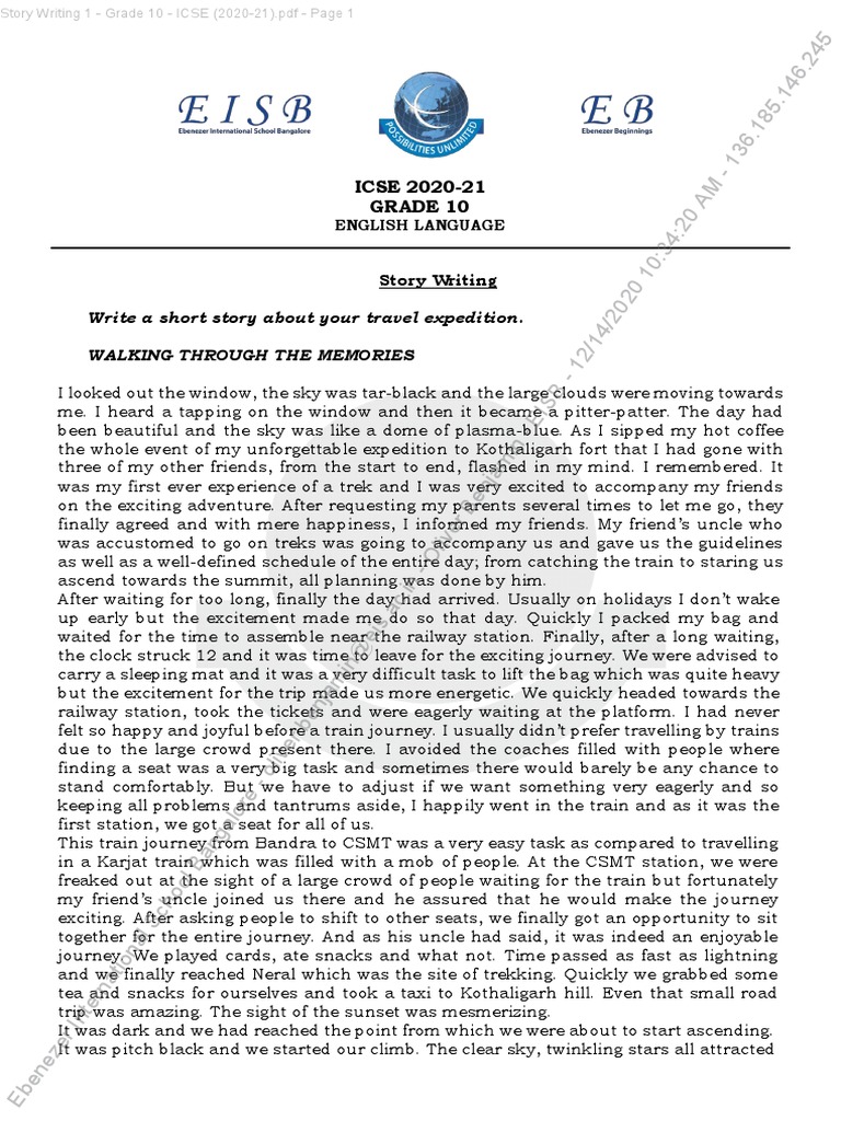 Story Writing 1 - Grade 10 - ICSE (2020-21) | PDF