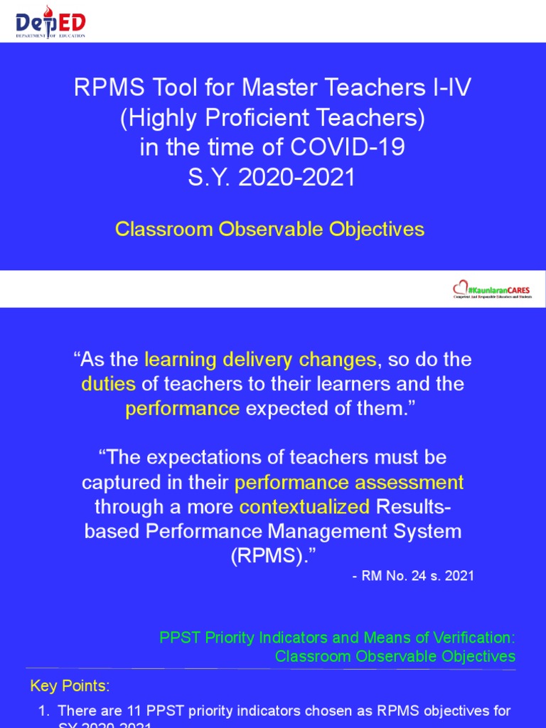 RPMS Tool For Master Teachers I-IV (Highly Proficient Teachers) in The ...