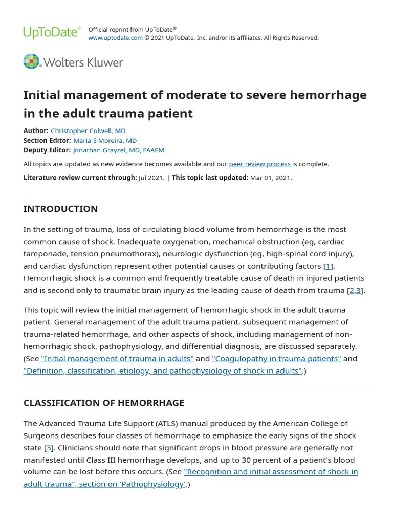 Initial Management of Moderate To Severe Hemorrhage in The Adult Trauma ...