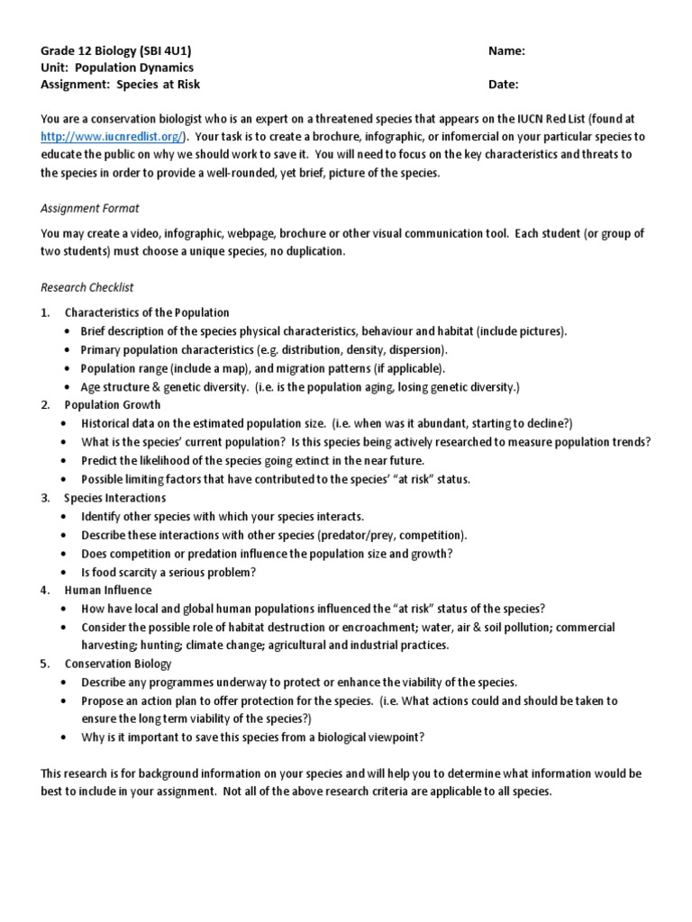 Grade 12 Biology (SBI 4U1) Name: Unit: Population Dynamics Assignment ...