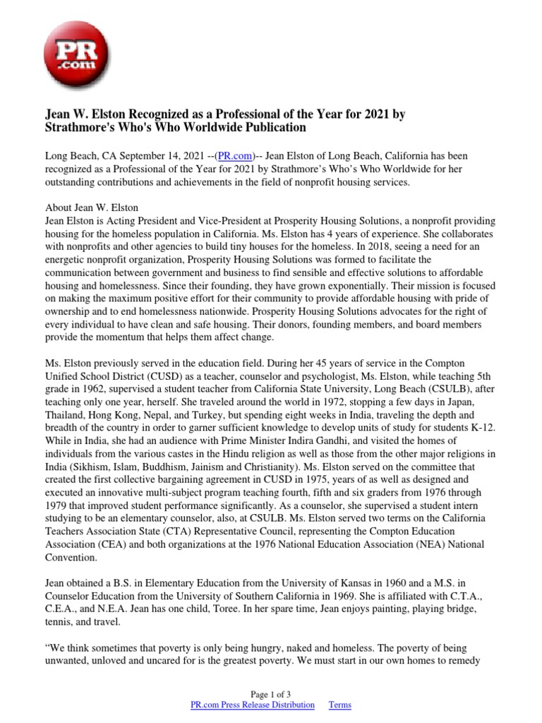 Jean W. Elston Recognized As A Professional of The Year For 2021 by ...