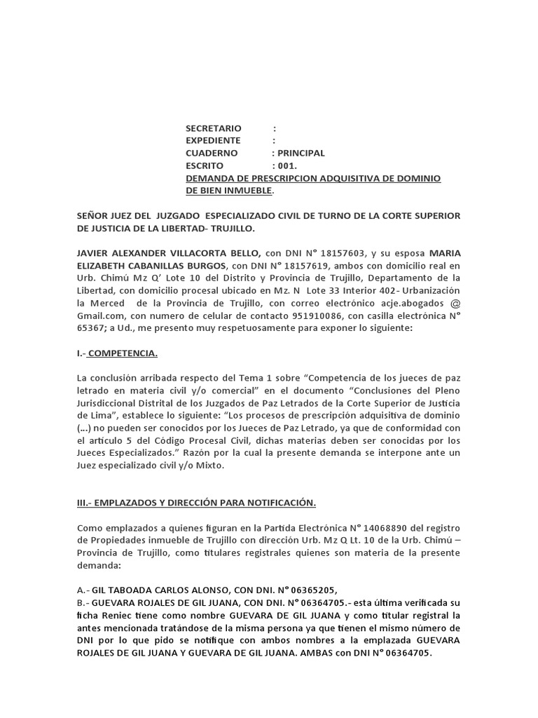 Alex Villacorta Demanda de Prescriopcion 2 | PDF | Posesión (Ley ...