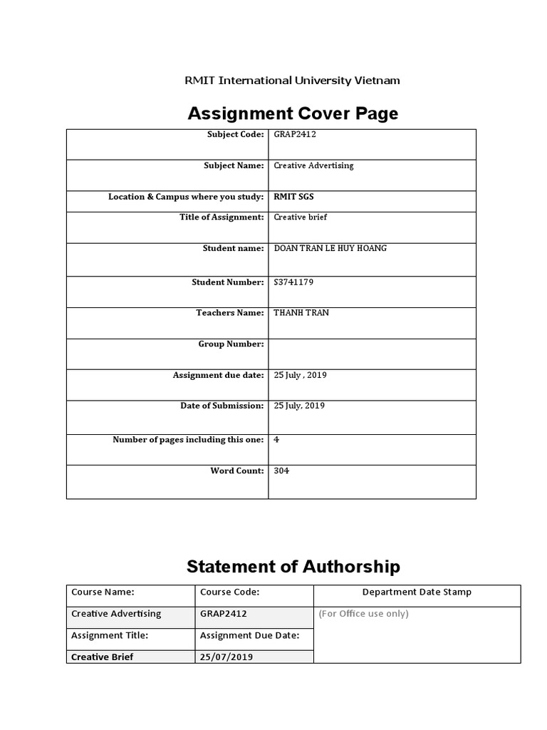 Assignment Cover Page: RMIT International University Vietnam | PDF ...