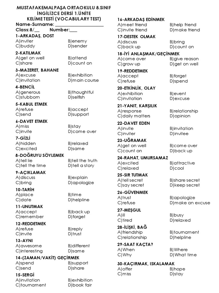 8th Grade English Vocabulary Test | PDF