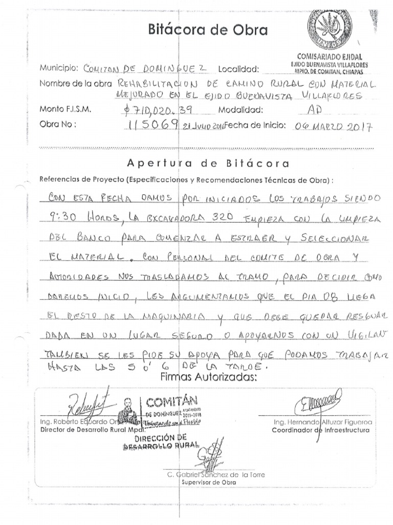 Bitacora de Obra Buenavista Villaflores | PDF