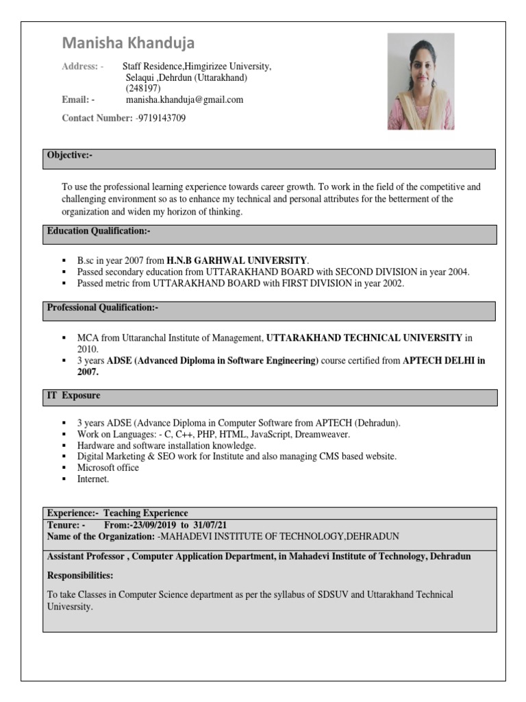 Manisha Khanduja Resume Updated | PDF | Institute Of Technology | Computing