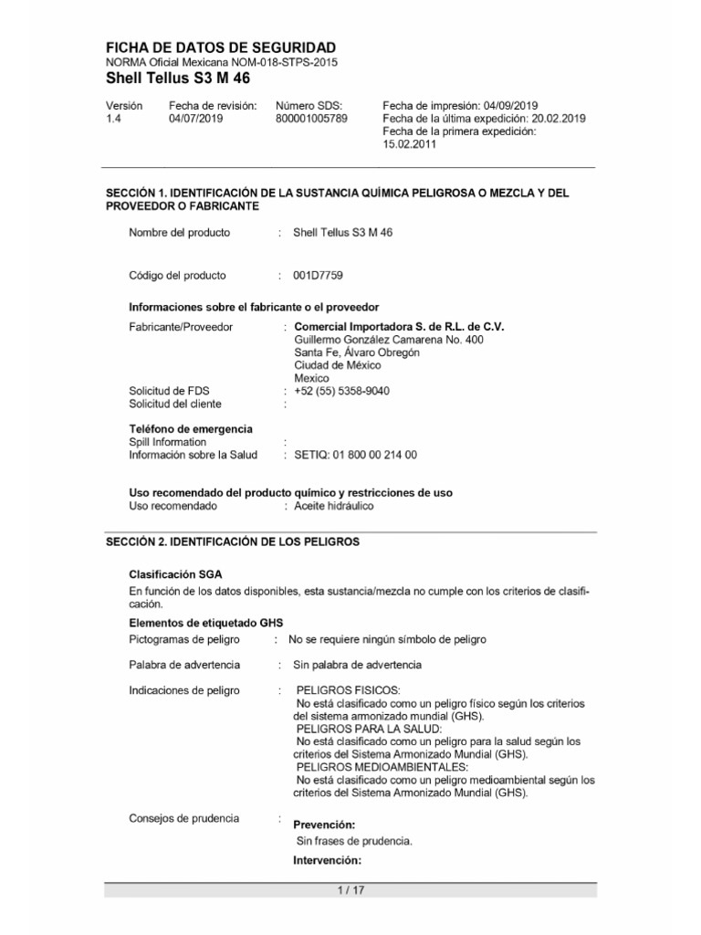Shell TELLUS S3 M 46 Seguridad | PDF