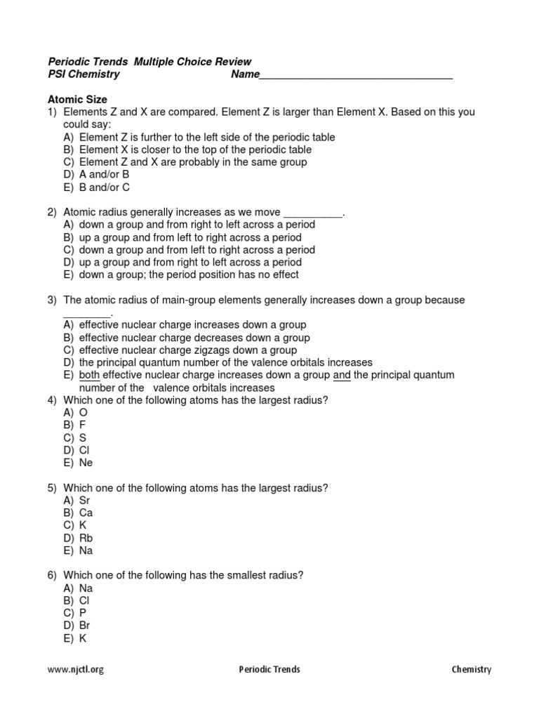 Periodic Trends Multiple Choice 2012-07-13 | PDF | Ion | Periodic Table