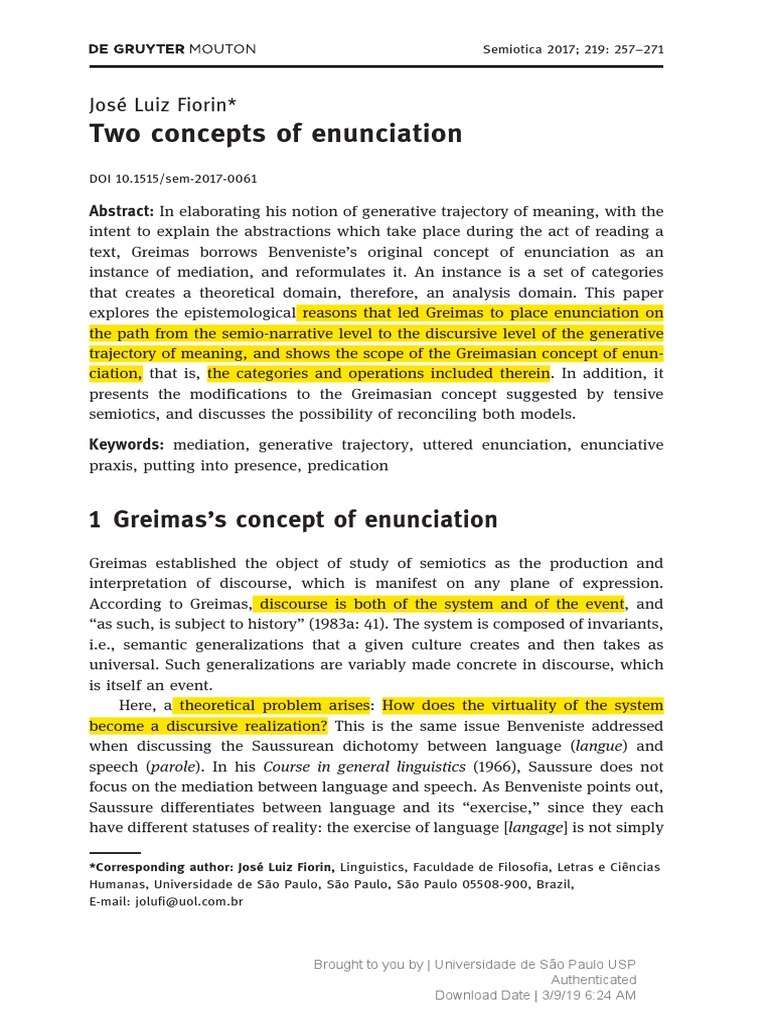 (Semiotica) Two Concepts of Enunciation | PDF | Semiotics | Discourse
