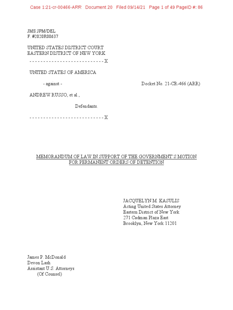 Andrew Russo Et Al. Detention Letter | PDF | Bail | Remand (Detention)