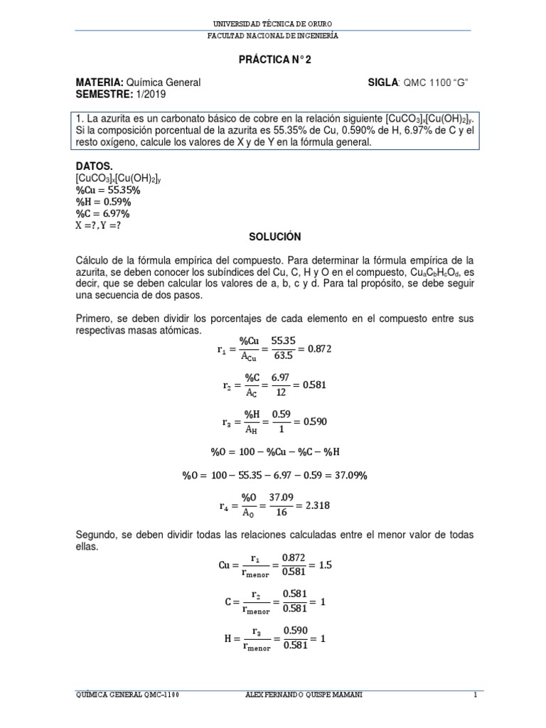 Practica 2 Resuelta QMC 1100 G I-2019 | PDF | Redox | Gases