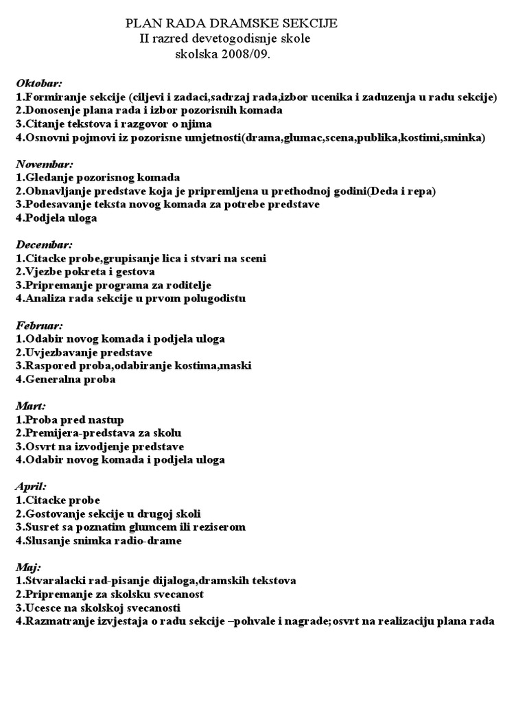 Plan Rada Dramske Sekcije | PDF