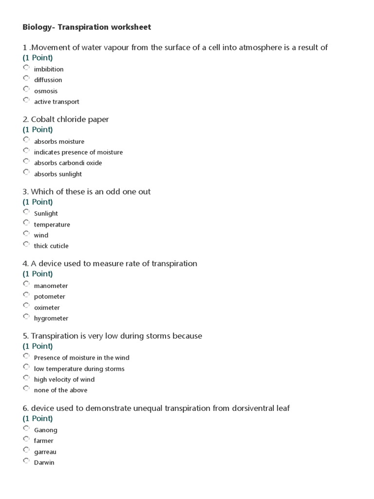 (1 Point) : Biology-Transpiration Worksheet | PDF | Stoma | Leaf
