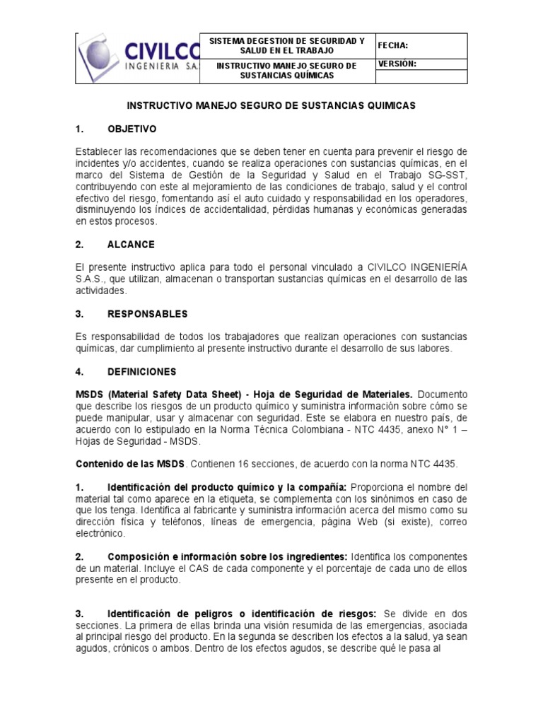Instructivo Manejo Seguro de Sustancias Químicas | PDF | Ácido | Toxicidad