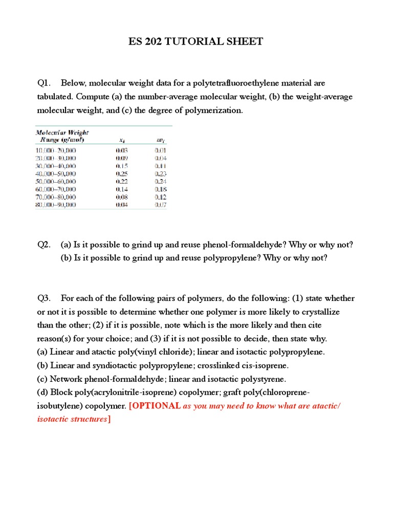 Es 202 Tutorial Sheet: Isotactic Structures) | PDF | Polymers | Polyethylene