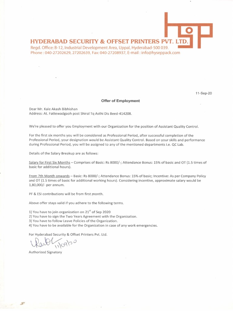 Offer Letter of Akash | PDF