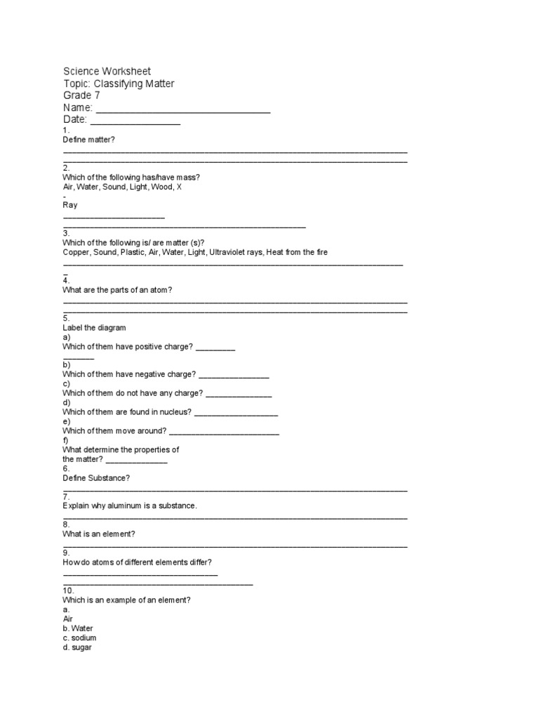 Science Worksheet Grade 7 | PDF | Mixture | Chemical Compounds
