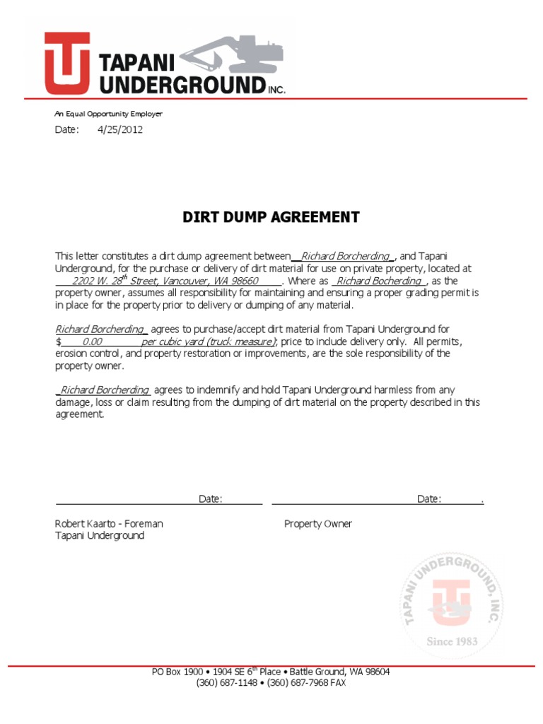 Tapani Underground Dirt Dump Agreement | PDF