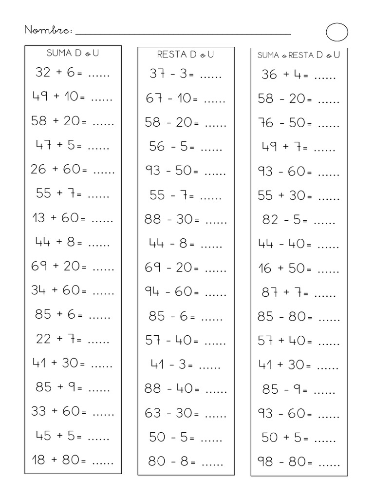 Sumas y Restas Con Unidades y Decenas | PDF