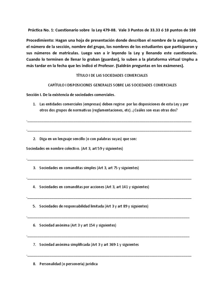 Practica 1, en Grupo, Custionario 100 Preguntas Sobre La Ley 479-08 ...