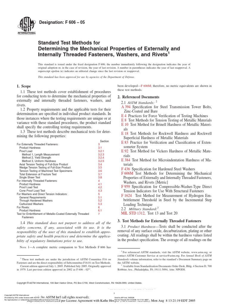 ASTM F606 - 05 Fastener Test Methods | PDF | Screw | Mechanical Engineering