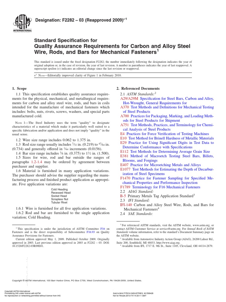 ASTM F2282 - 03 Steel Requirements | PDF | Annealing (Metallurgy) | Steel