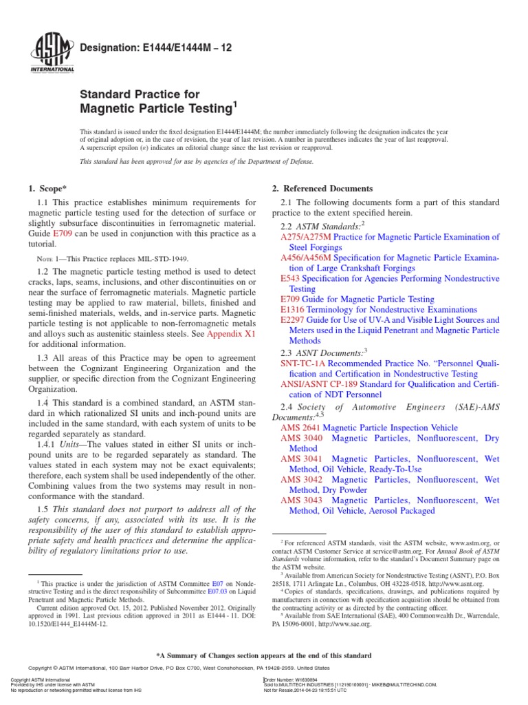 ASTM E1444 & E1444M - 12 Magentic Particle Testing | PDF ...