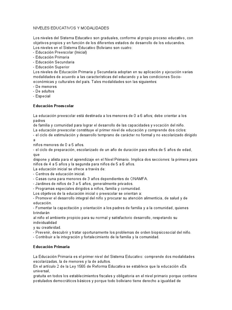 Niveles Educativos y Modalidades | Descargar gratis PDF | Educación ...