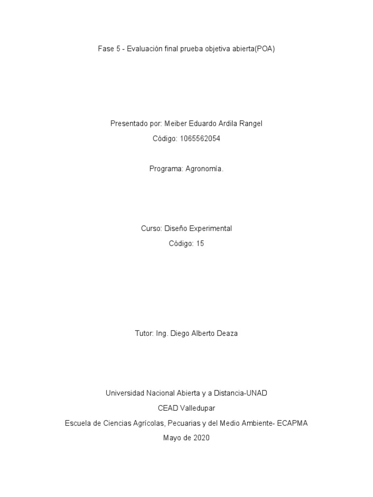 Fase 5 - Evaluación Final Prueba Objetiva Abierta (POA) | PDF | Diseño de experimentos ...