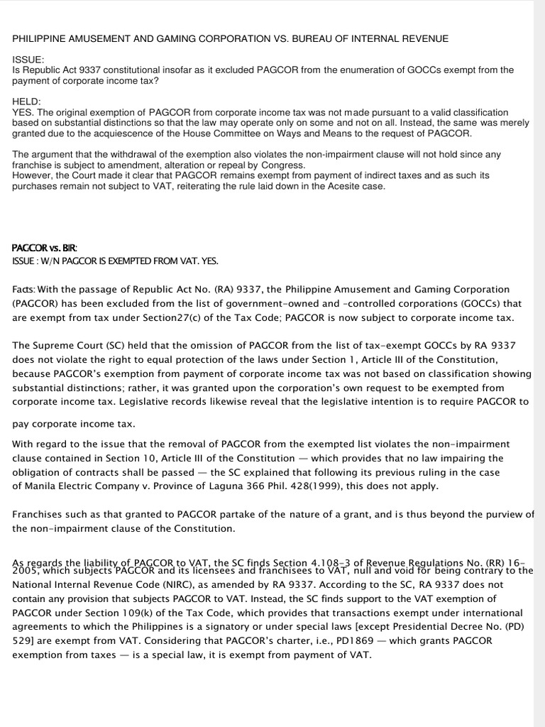 Pagcor Vs Bir Digest | PDF | Value Added Tax | Tax Exemption