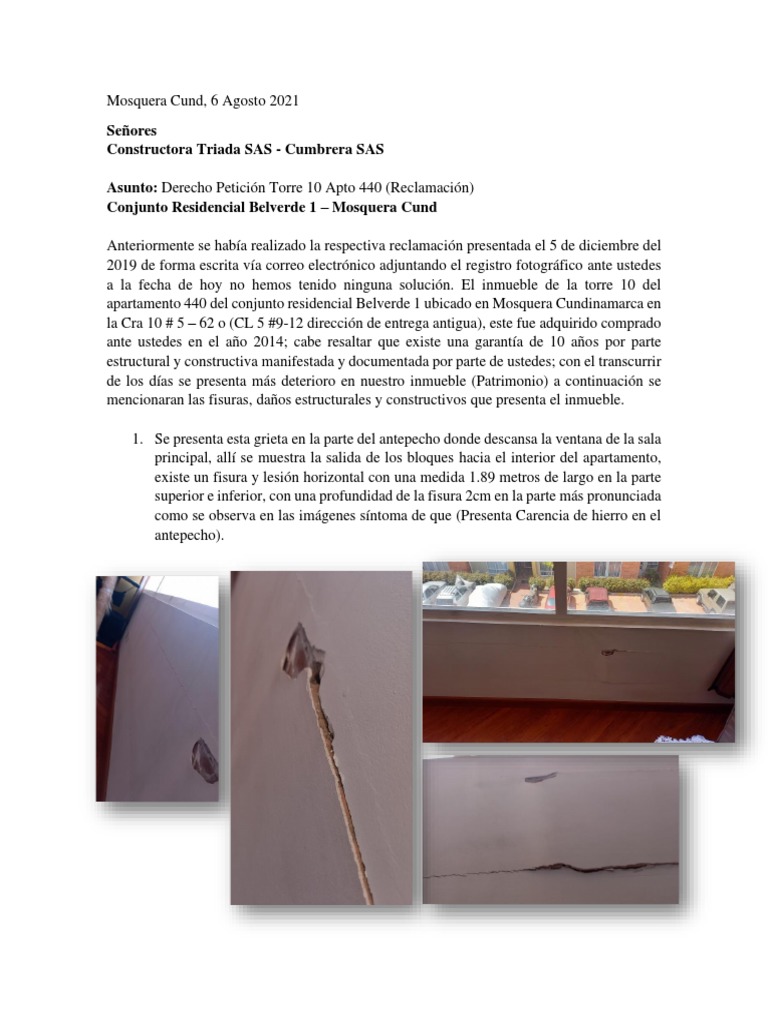 Derecho Petición - Reclamación Constructora - Triada SAS | PDF | Hormigón | Acero