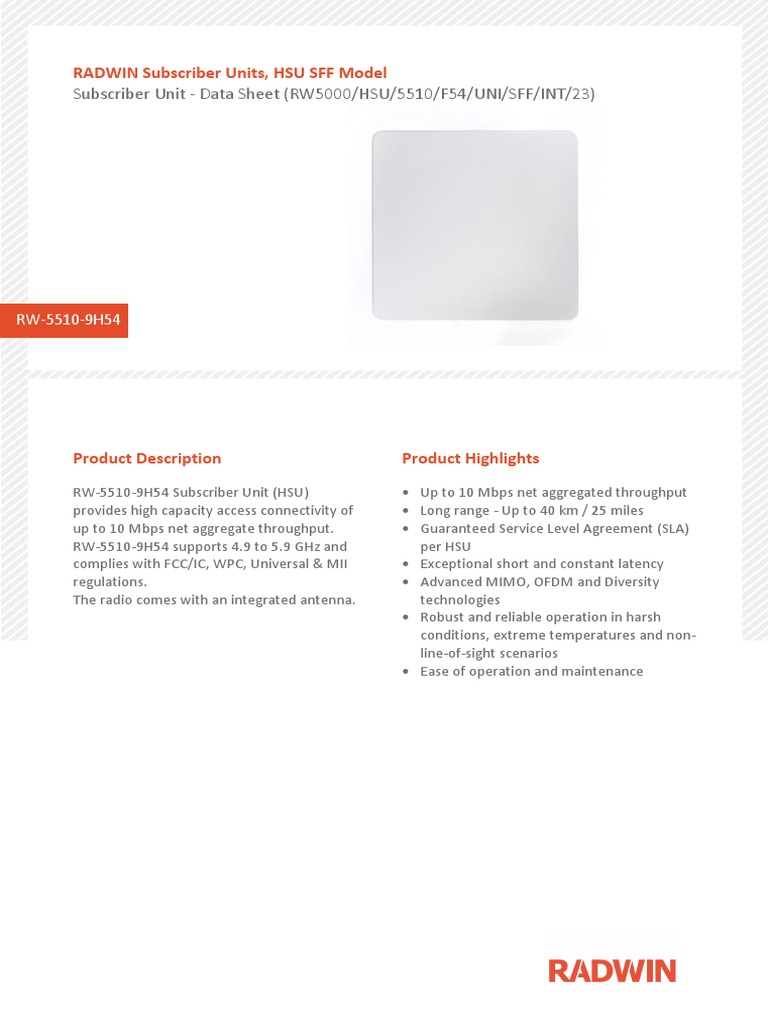 Subscriber Unit - Data Sheet (RW5000/HSU/5510/F54/UNI/SFF/INT/23) | PDF ...
