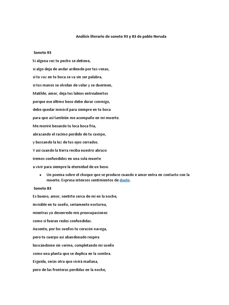 Análisis Literario de Soneto 93 y 83 de Pablo Neruda | PDF