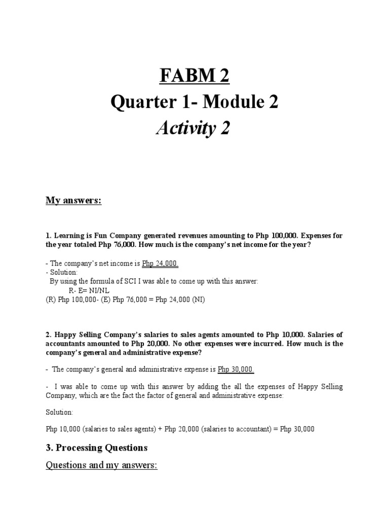 FABM 2 M2 Activity 2 My Ans | PDF | Income Statement | Income