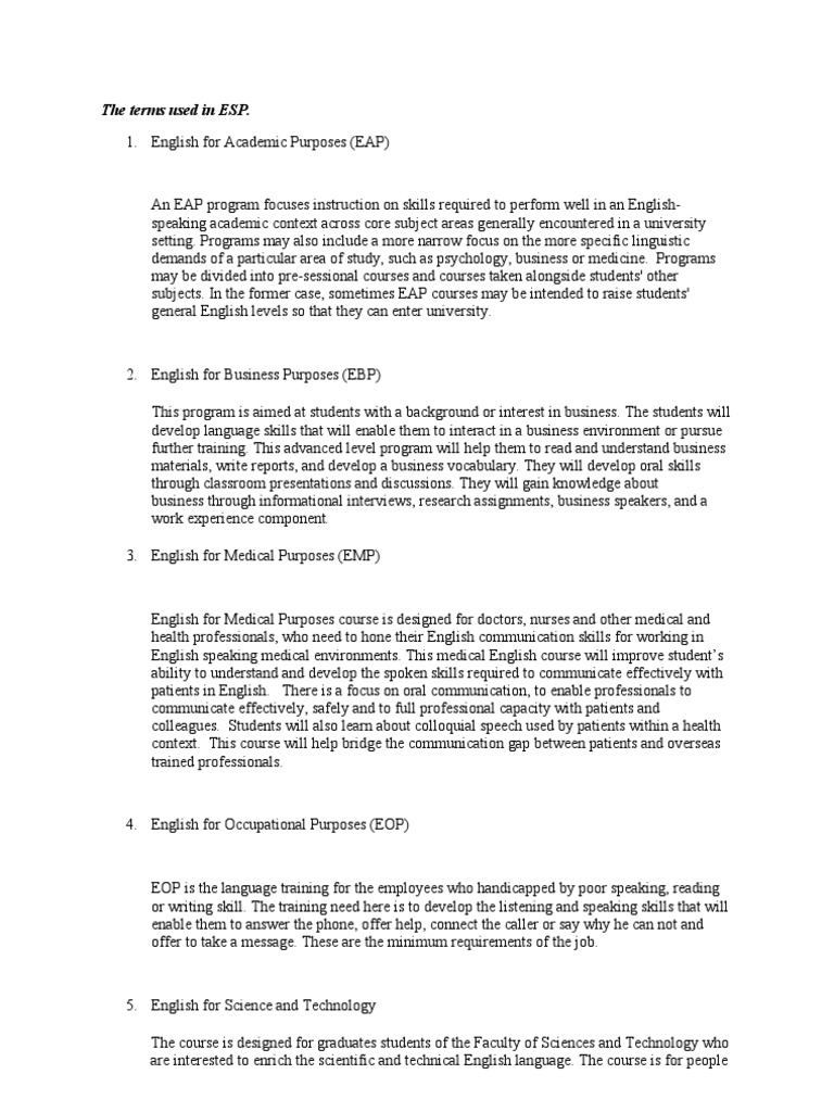 The Terms Used in ESP | PDF | English As A Second Or Foreign Language ...