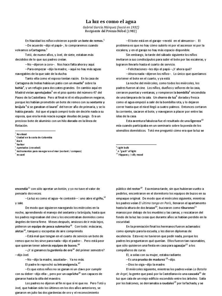 La Luz Es Como El Agua Lectura | PDF